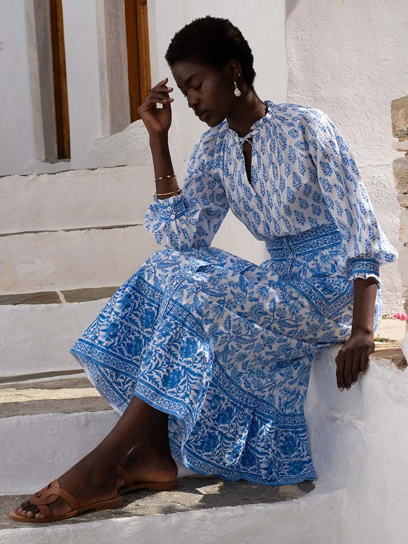 Pink City Prints OCEAN ZINNIA HELENA BLOUSE - Blue | Garmentory