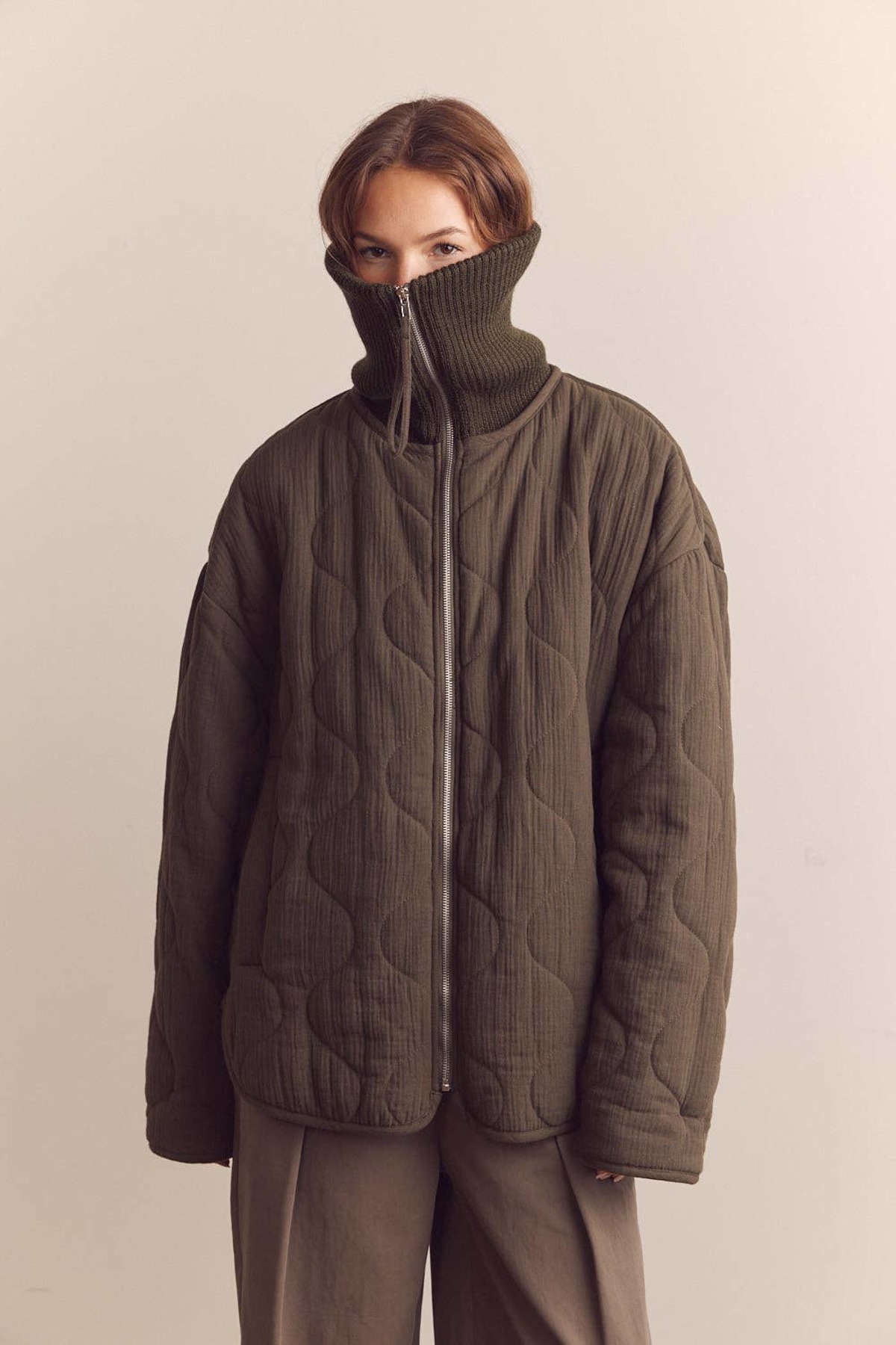 Amente High Neck Rib Collar Cotton Quilt Jacket - Pine | Garmentory