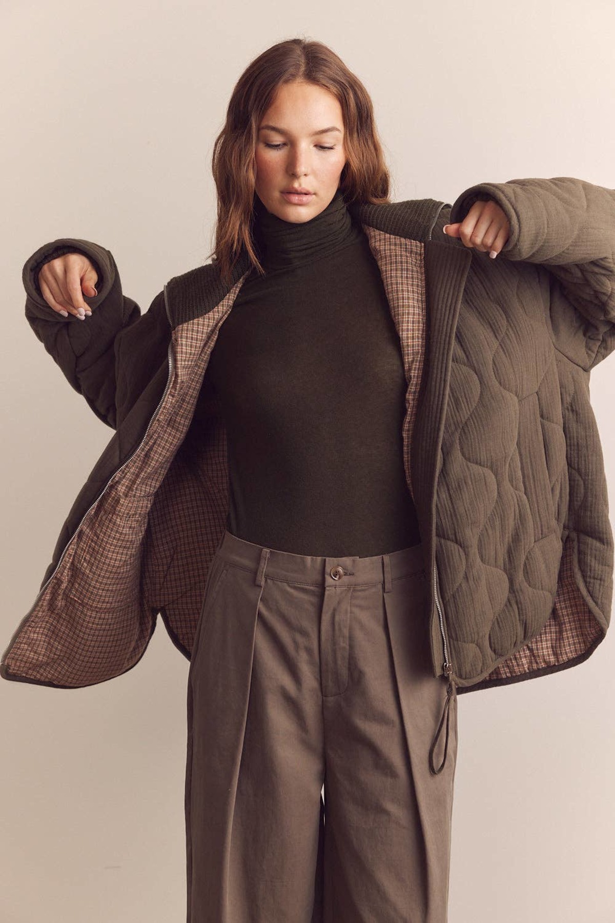 Amente High Neck Rib Collar Cotton Quilt Jacket - Pine | Garmentory