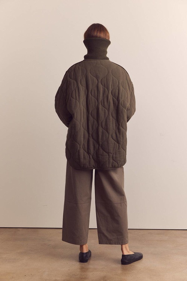 Amente High Neck Rib Collar Cotton Quilt Jacket - Pine | Garmentory