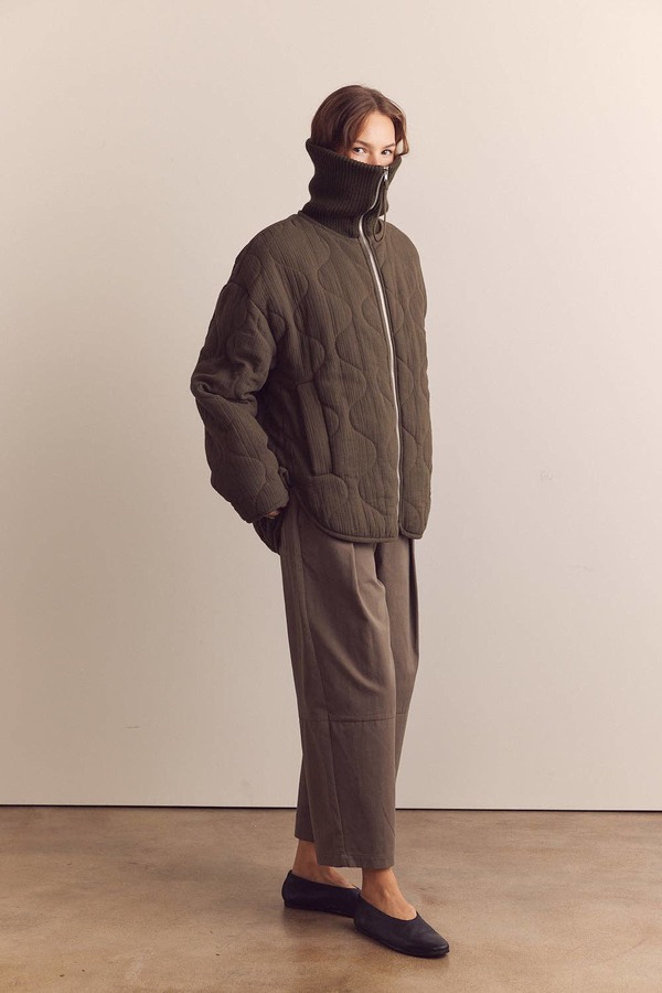 Amente High Neck Rib Collar Cotton Quilt Jacket - Pine | Garmentory