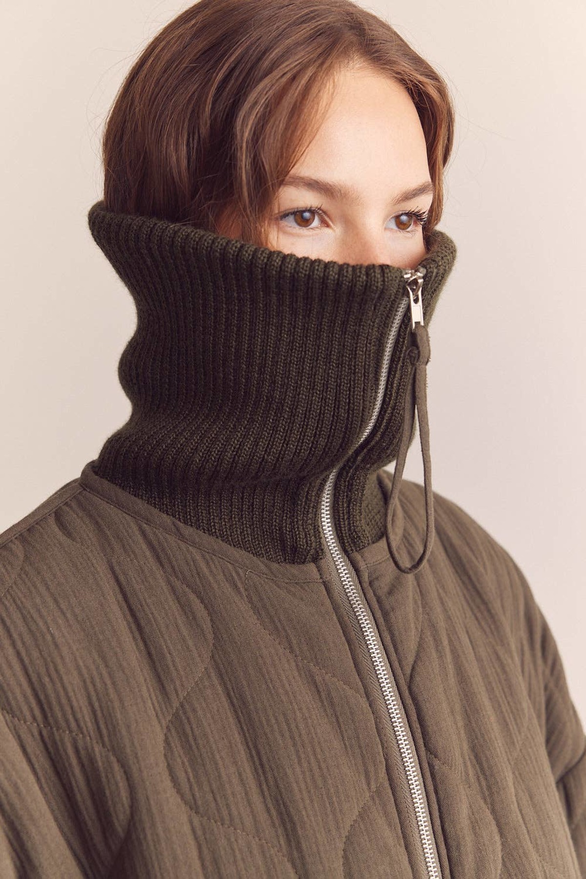 Amente High Neck Rib Collar Cotton Quilt Jacket - Pine | Garmentory
