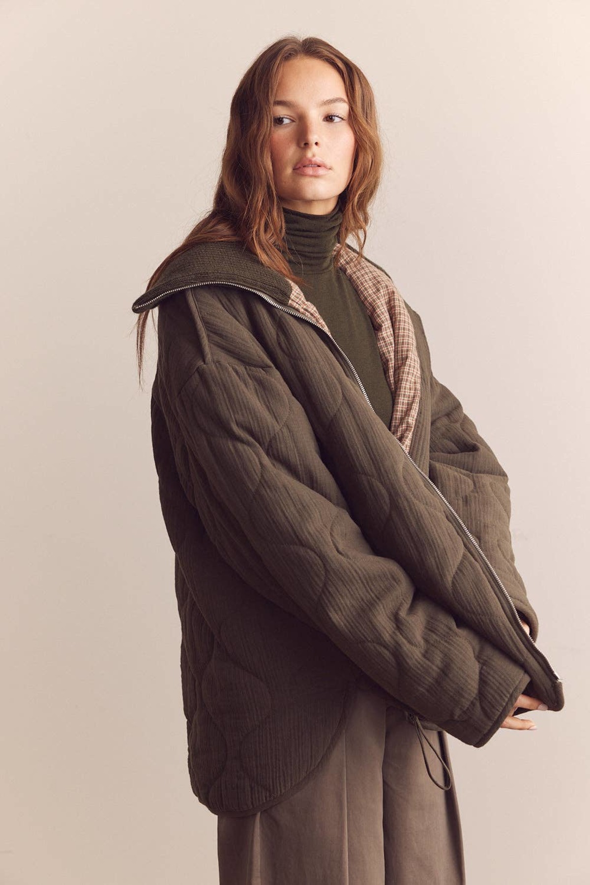 Amente High Neck Rib Collar Cotton Quilt Jacket - Pine | Garmentory