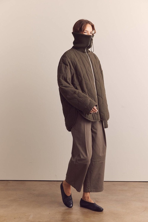 Amente High Neck Rib Collar Cotton Quilt Jacket - Pine | Garmentory