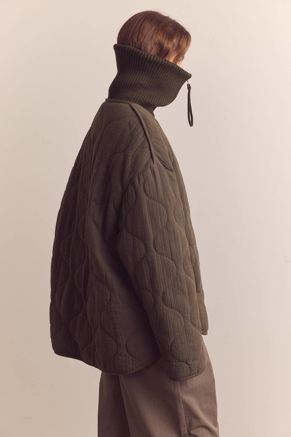 Amente High Neck Rib Collar Cotton Quilt Jacket - Pine | Garmentory