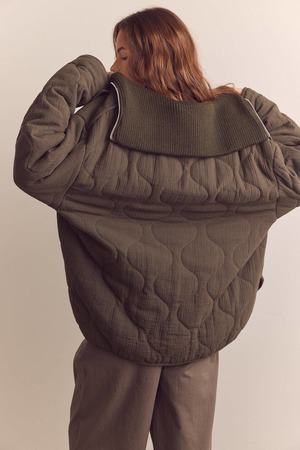 Amente High Neck Rib Collar Cotton Quilt Jacket - Pine | Garmentory