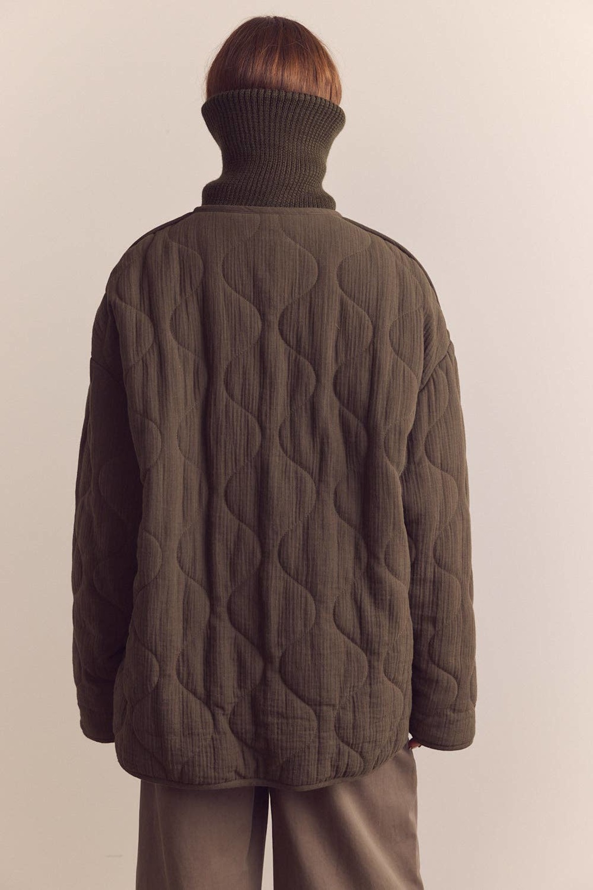 Amente High Neck Rib Collar Cotton Quilt Jacket - Pine | Garmentory