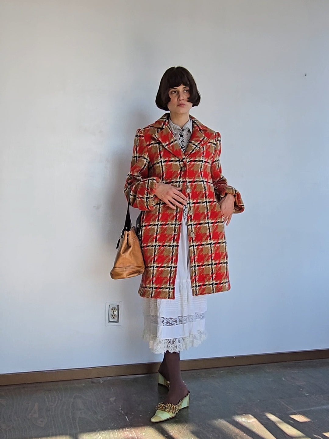 Vintage French Wool Houndsooth Plaid Coat | Garmentory
