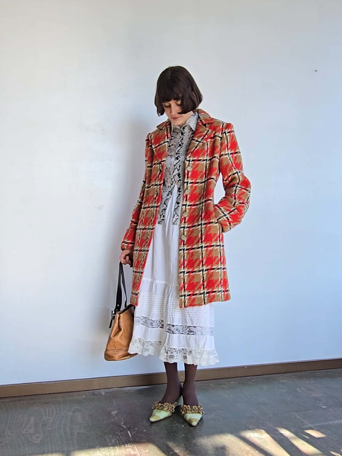 Vintage French Wool Houndsooth Plaid Coat | Garmentory