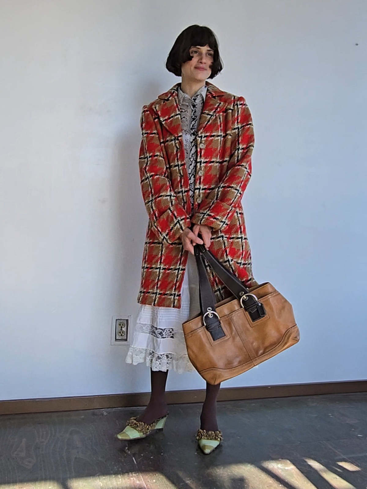 Vintage French Wool Houndsooth Plaid Coat | Garmentory