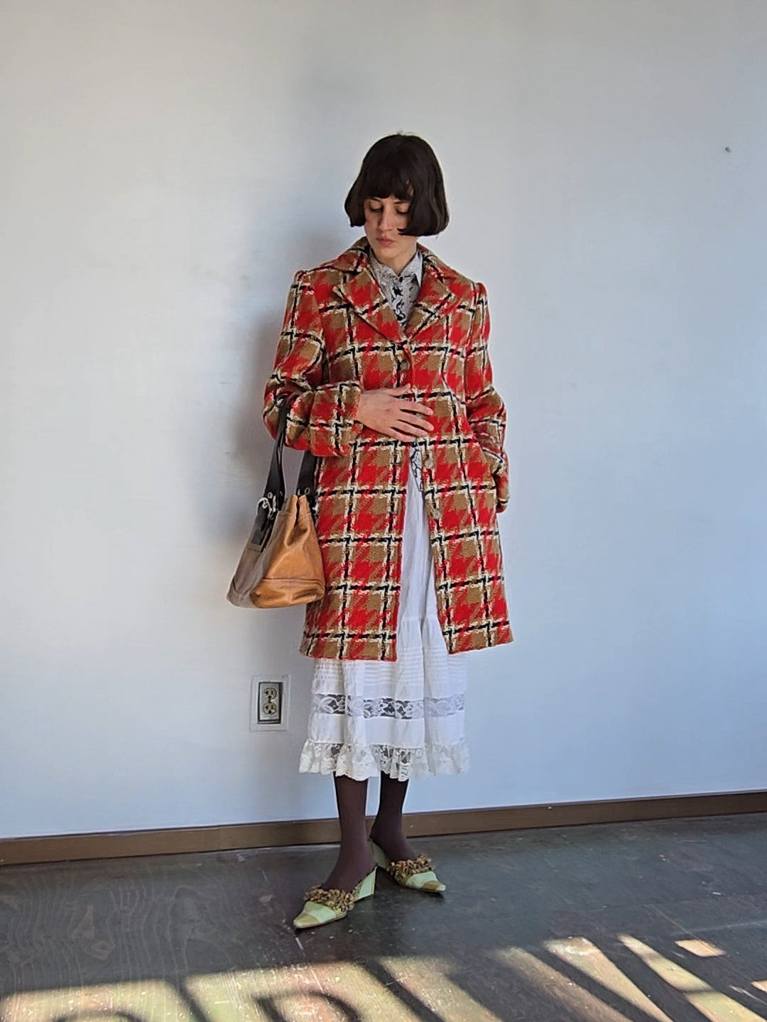 Vintage French Wool Houndsooth Plaid Coat | Garmentory