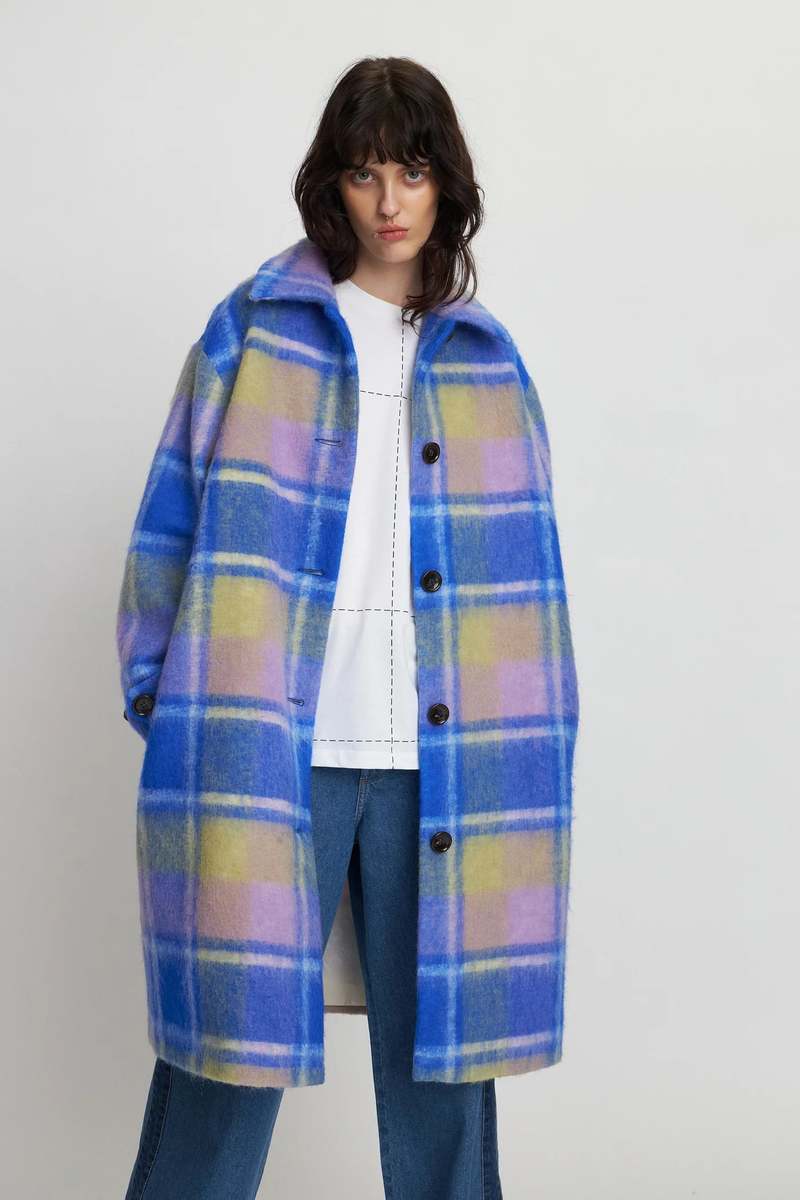 Stella Nova Checkered Wool Coat - Blue | Garmentory