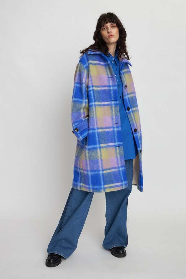 Stella Nova Checkered Wool Coat - Blue | Garmentory