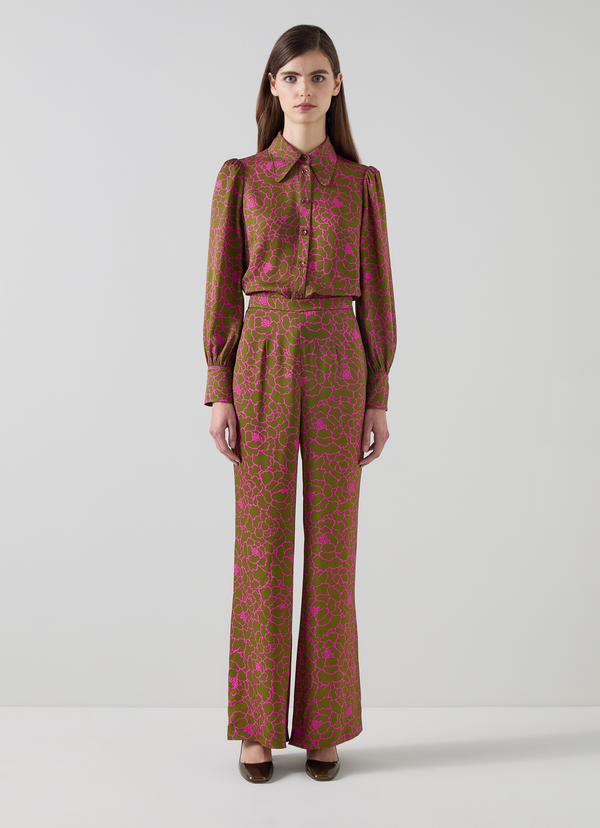 LK Bennett Sonya Peony Print Blouse - Olive & Magenta | Garmentory