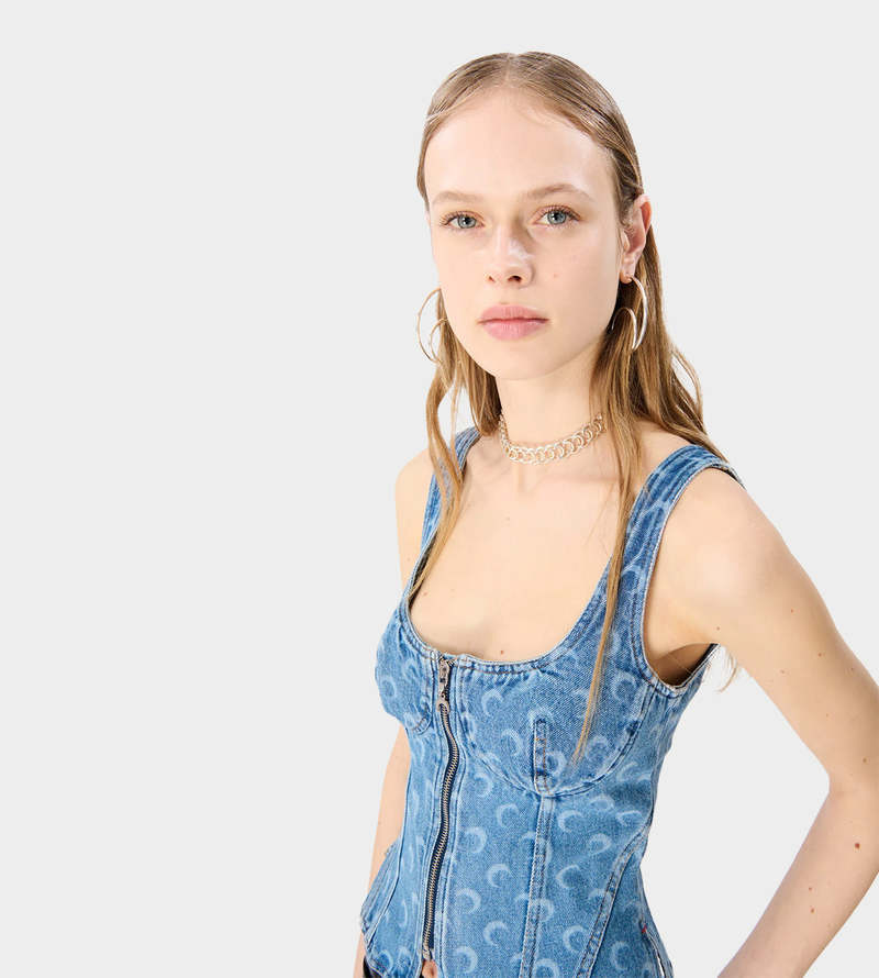 MARINE SERRE Moon Laser Denim Corset Top | Garmentory