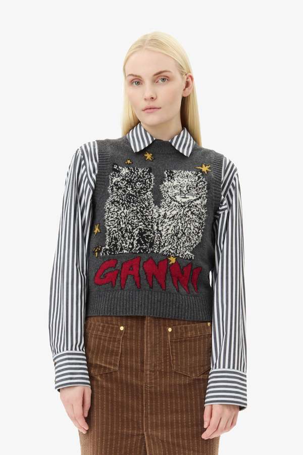 Ganni Graphic Cats Vest - Gray Quill | Garmentory