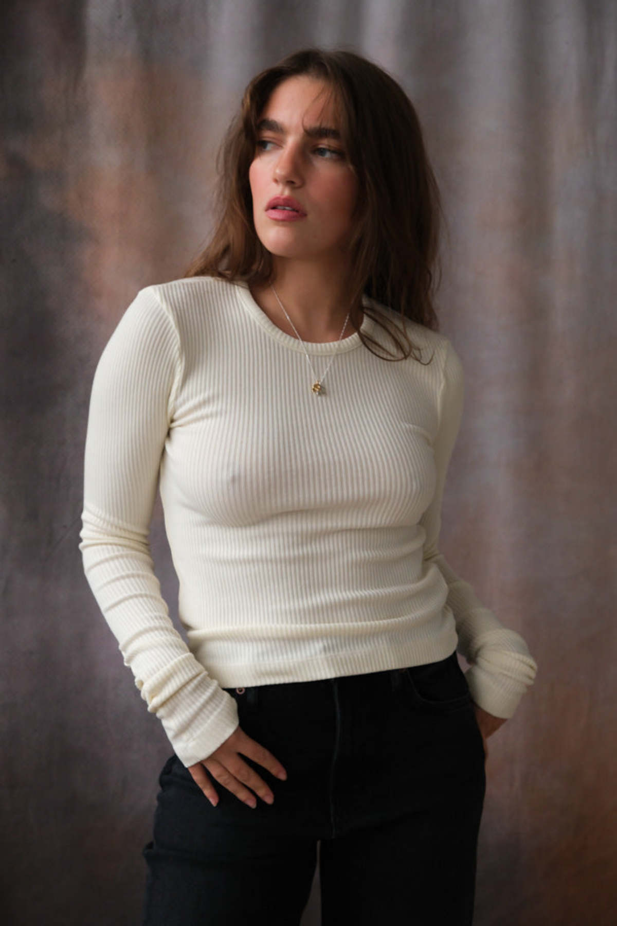 AGOLDE Alma Shrunken Crew Neck - Oat Milk | Garmentory