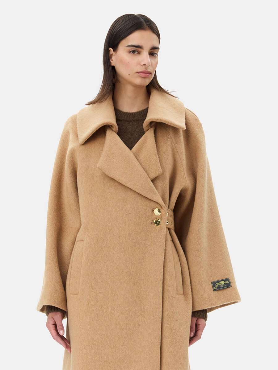 Ganni Wool Blend Coat - Camel | Garmentory