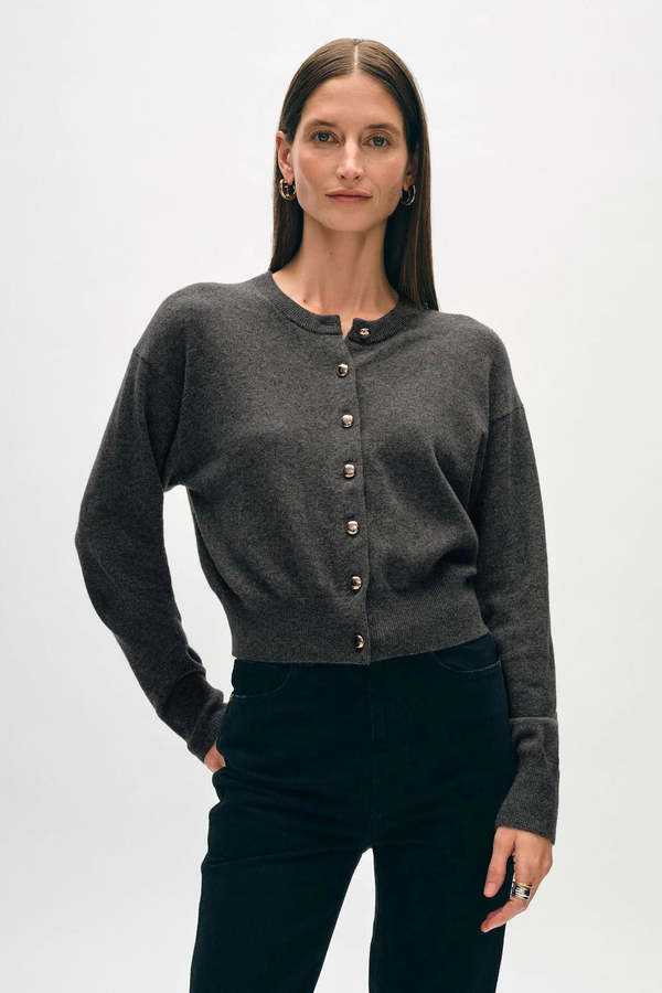White + Warren Cashmere Gold Button Cardigan - Graphite Heather | Garmentory