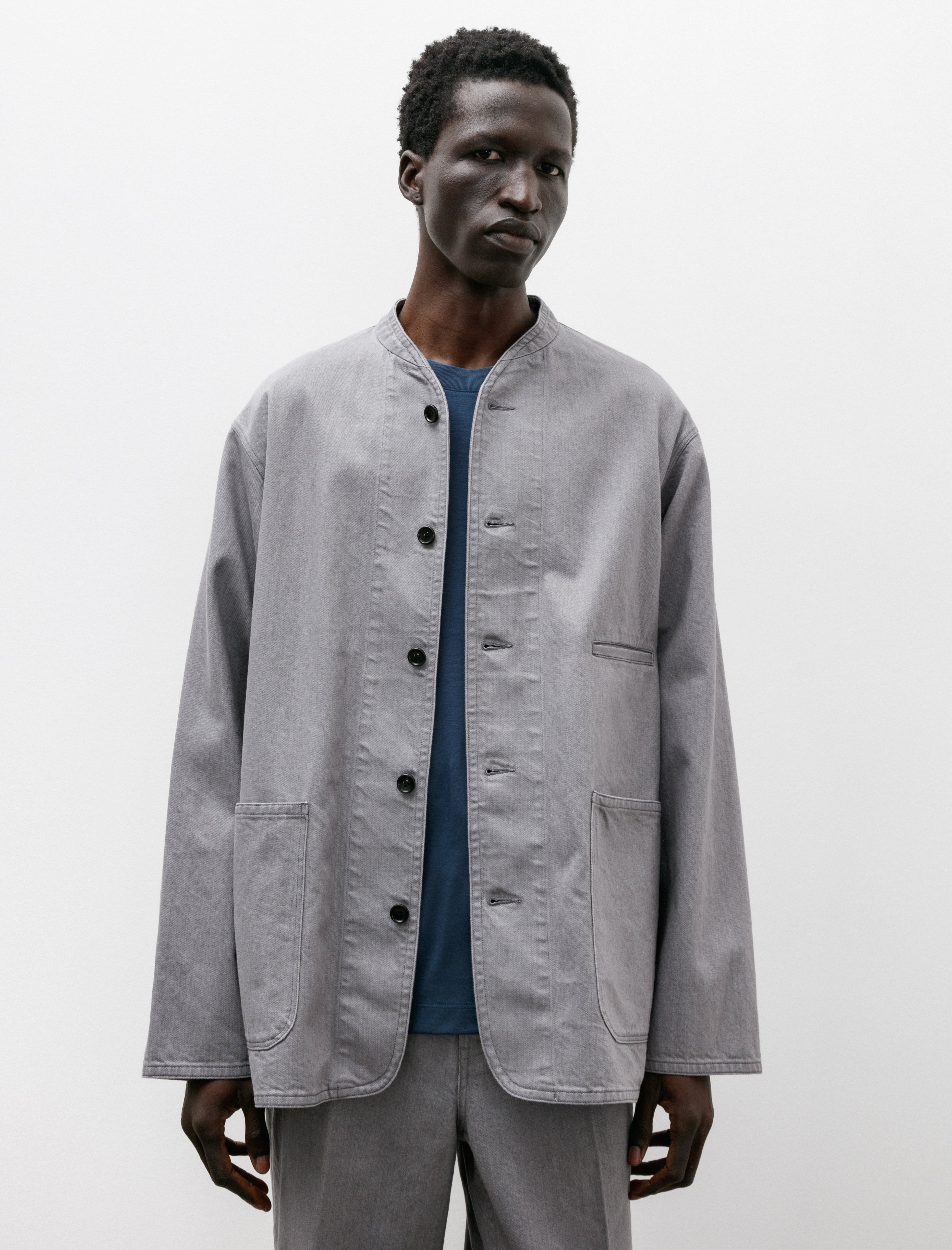 Ernie Palo Denim No Collar Jacket - Gray | Garmentory