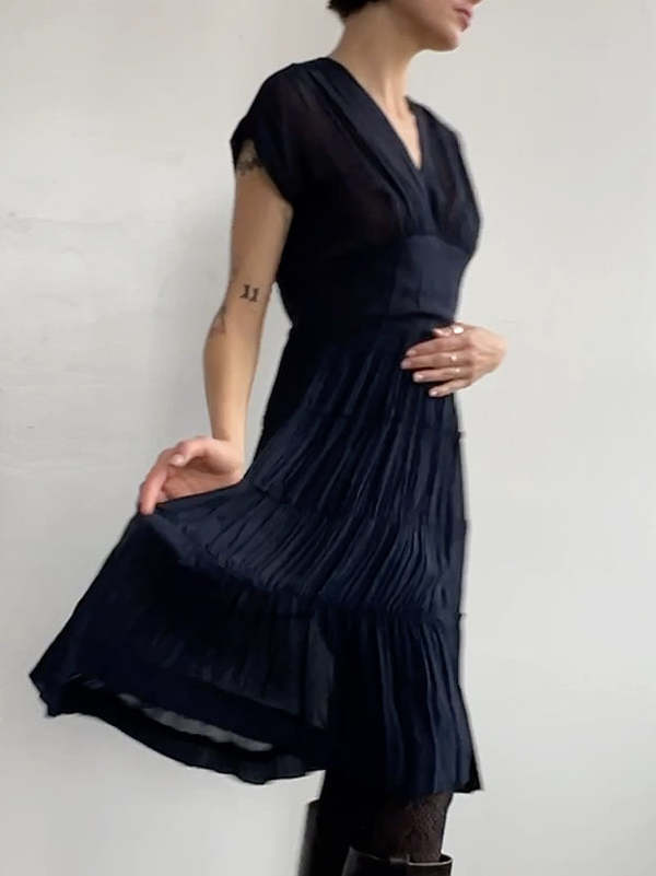 Vintage 40s Sheer Tiered Dress - Navy | Garmentory
