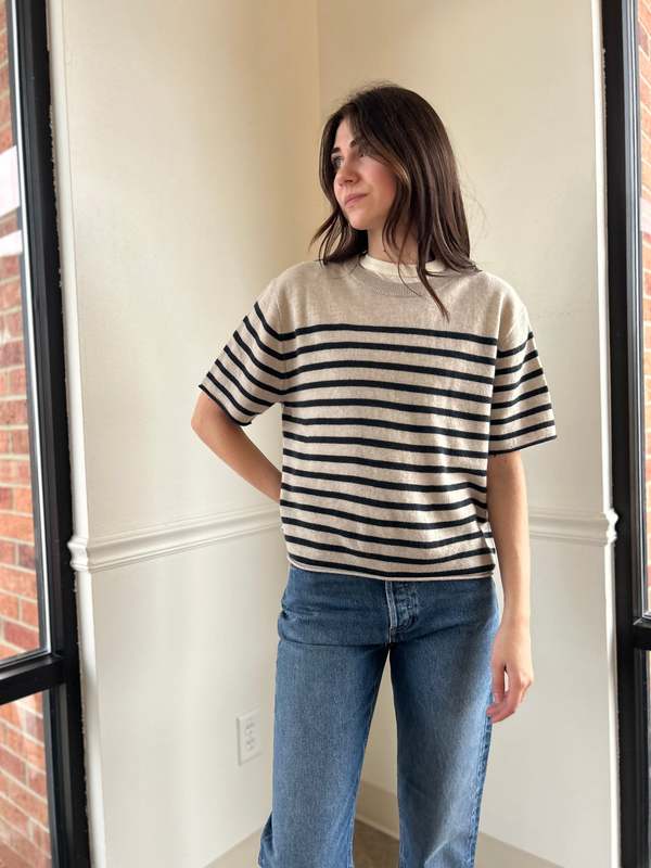 Lisa Yang Cila Cashmere Stripes T-Shirt - Sand/Ink Stripes | Garmentory