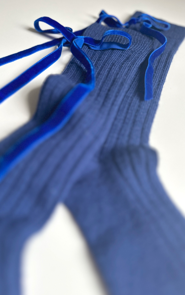 Maria La Rosa Velvet Bow Knee Sock - Blue | Garmentory