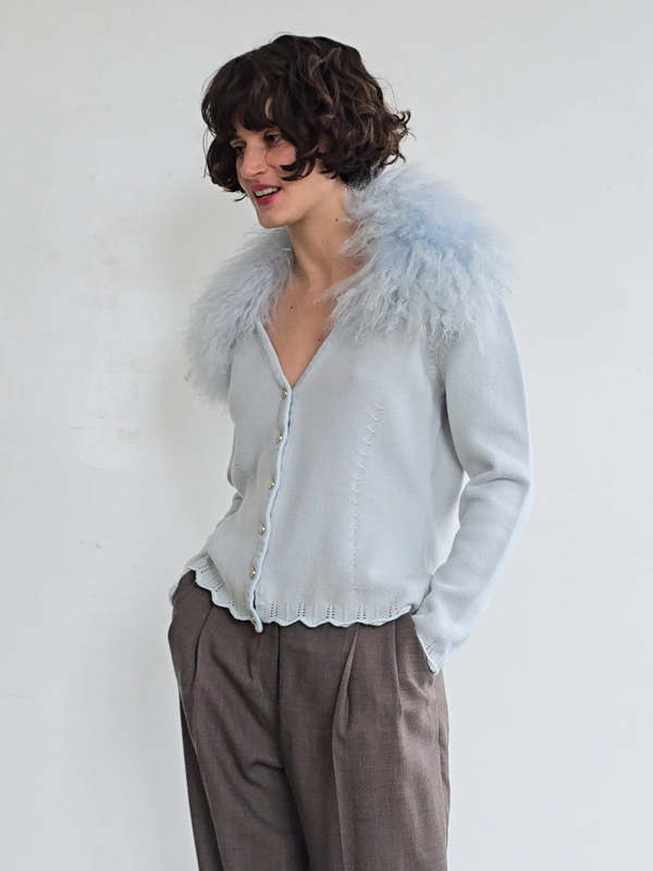 Vintage Escada Fur Collar Cardigan - Baby Blue | Garmentory