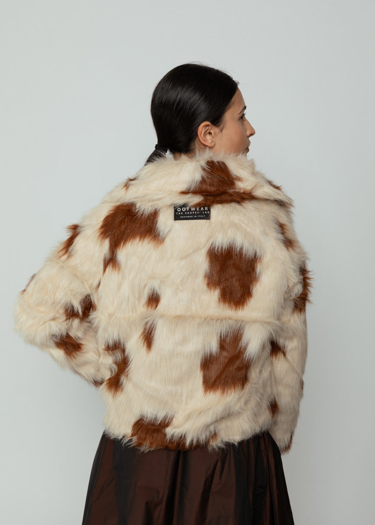OOFWear Hooded Cow Print Faux Fur Short Jacket - Natural/Brown | Garmentory