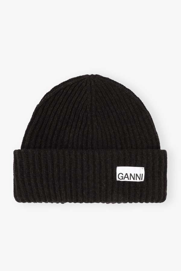 Ganni Oversized Wool Rib Knit Beanie - Black | Garmentory