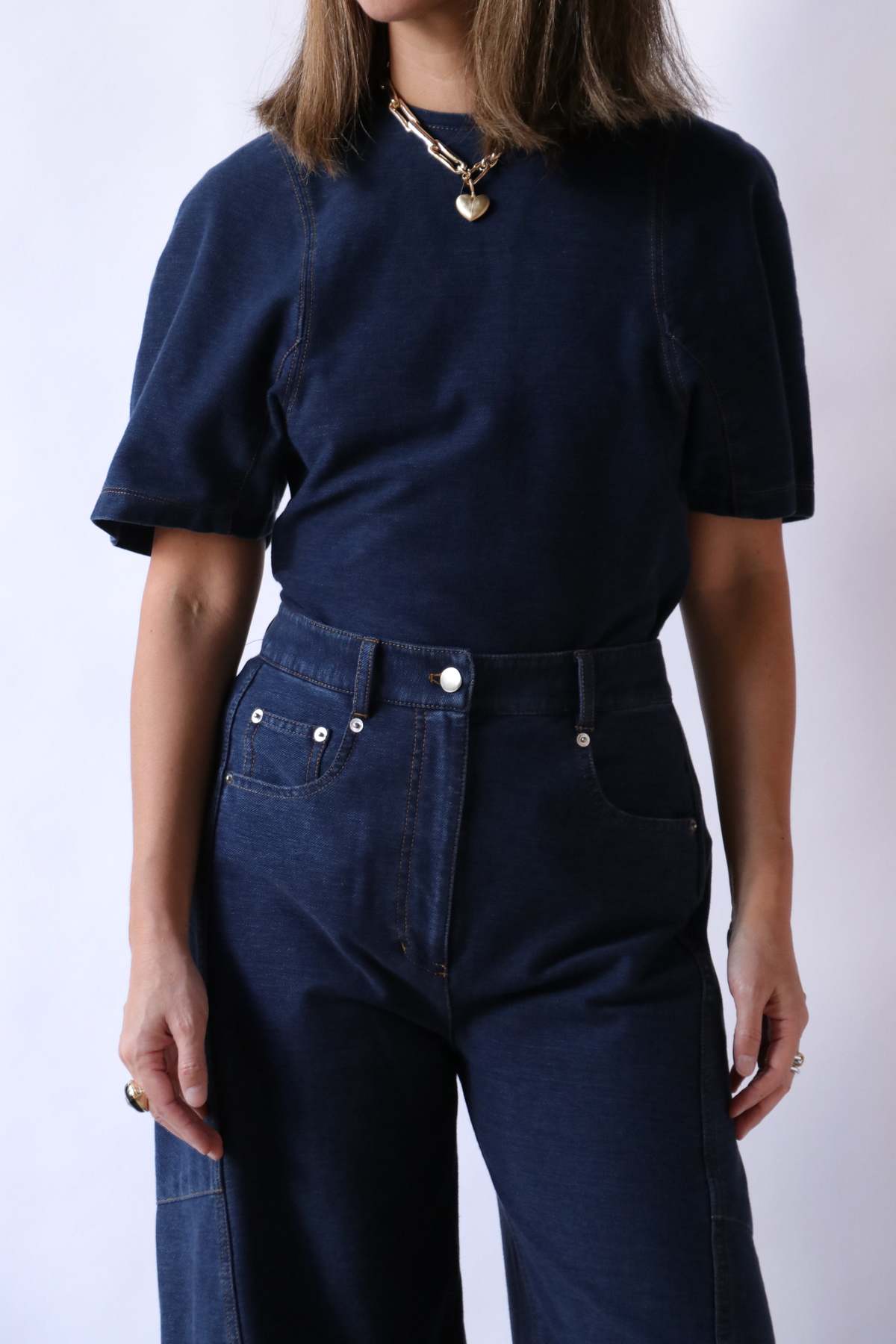 Tibi Indigo Barre Denim Knit Sculpted Shrunken T-Shirt | Garmentory