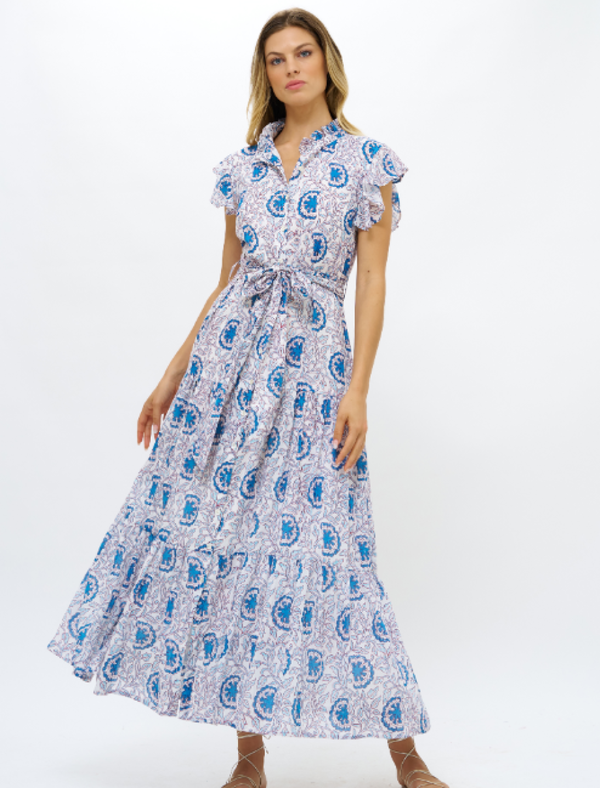 Oliphant Ruffle Collar Button Maxi - Malta Blue | Garmentory