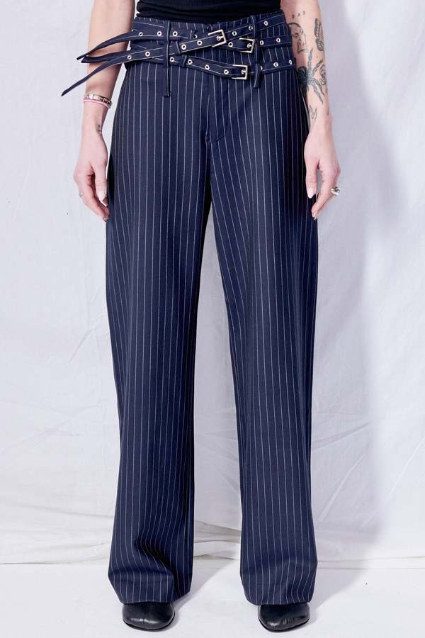Wynn Hamlyn Triple Belt Loop Trouser - Navy Pinstripe | Garmentory