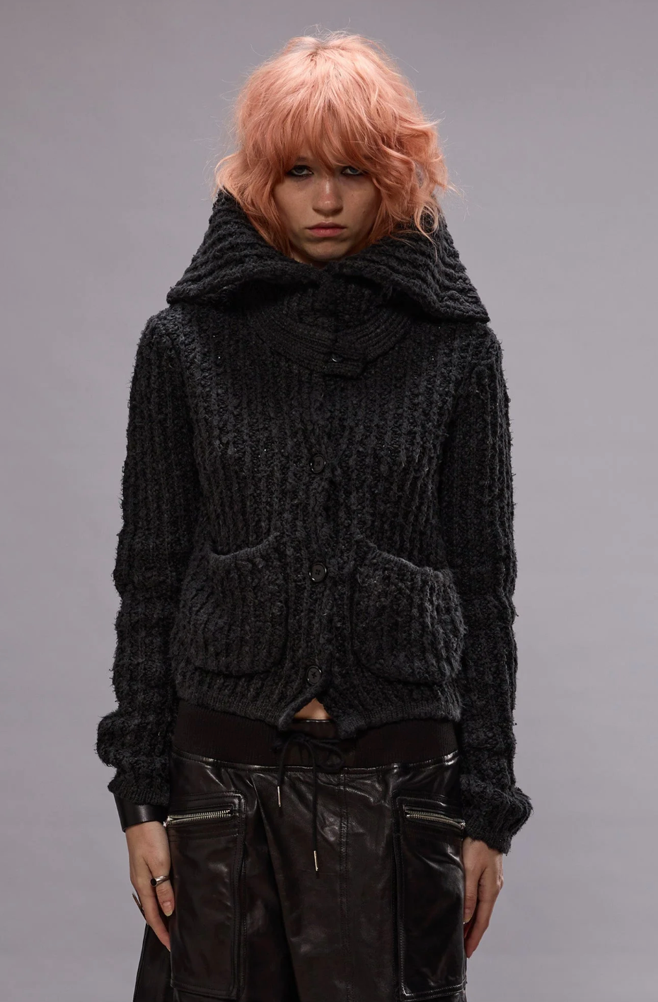 R13 High Neck Shrunken Cardigan Sweater - Washed Black | Garmentory