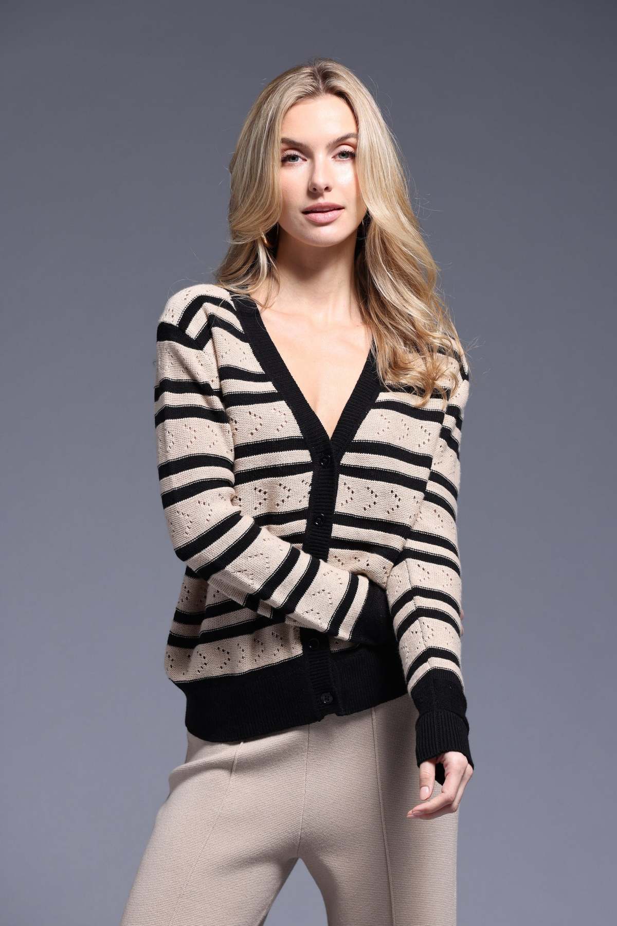 Minnie Rose Cotton Cashmere Striped Pointelle Long Sleeve V Neck ...