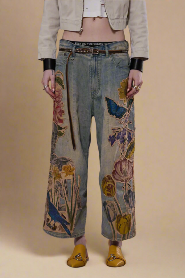 R13 Articulated Knee Crop Applique Jean - Aplique Denim | Garmentory