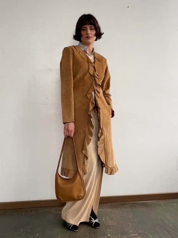 Vintage Tan Suede Ruffle Trench - Tan | Garmentory