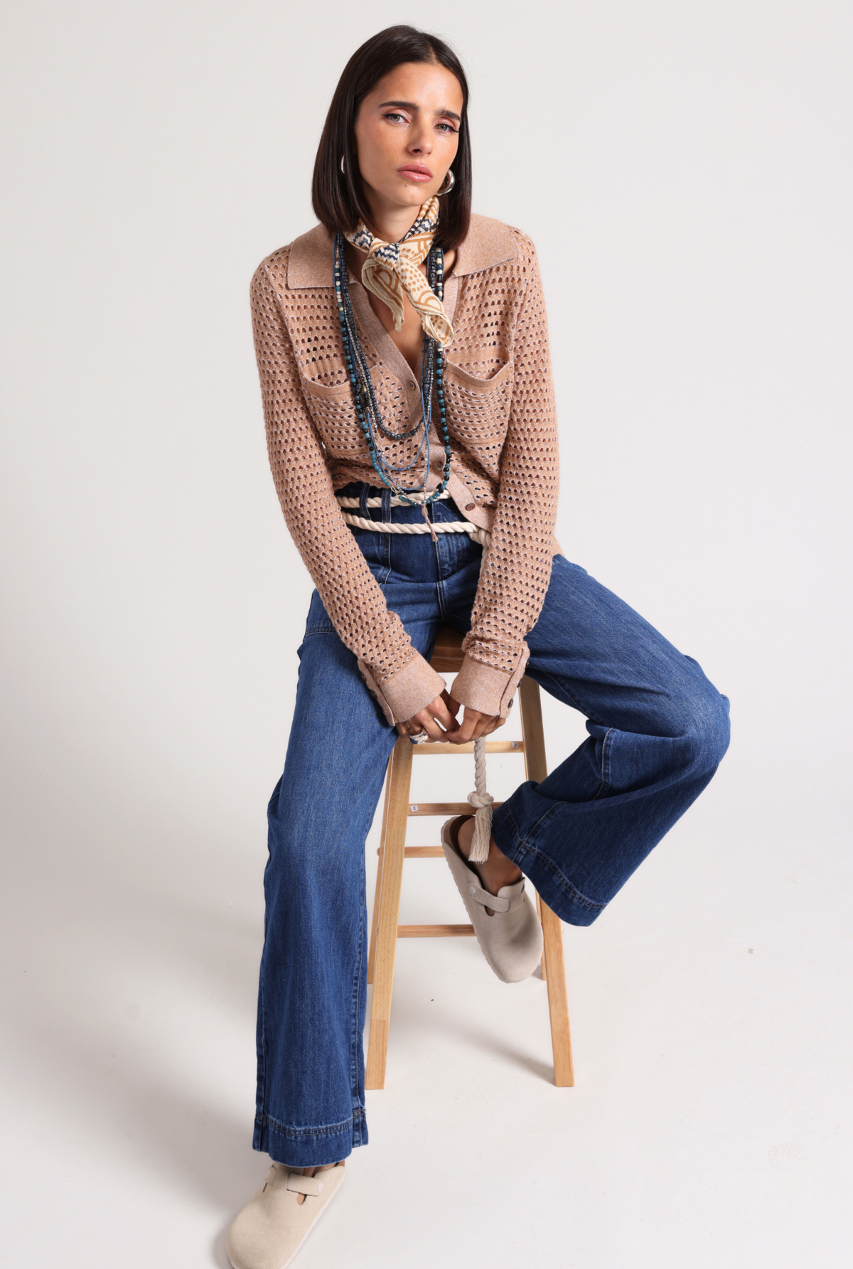 Minnie Rose Cotton Cashmere Plaited Mesh Button Down Shirt | Garmentory