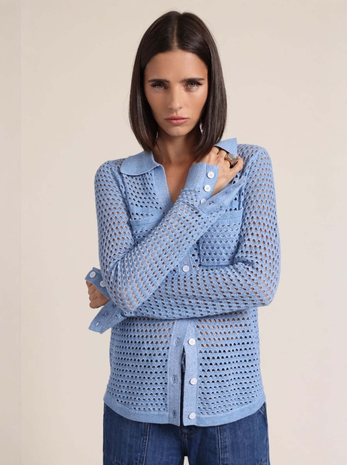 Minnie Rose Plaited Mesh Button Down - Cameo Blue/White | Garmentory