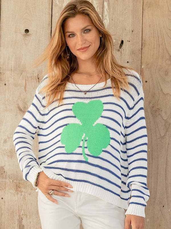 Wooden Ships Shamrock Striped Crew - White/Indigo | Garmentory