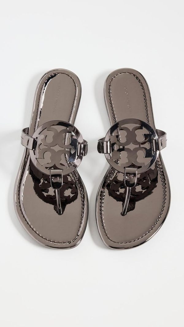 Tory Burch Miller Mirrored Metallic Sandal - Shiny Dark Gray | Garmentory