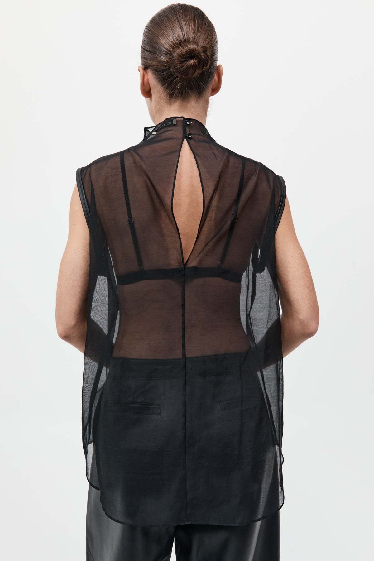 St. Agni Sheer Silk Leather Trim Top - Black | Garmentory