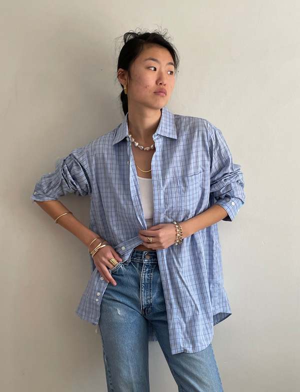 Vintage Oversized Boyfriend Shirt - Light Blue Plaid | Garmentory