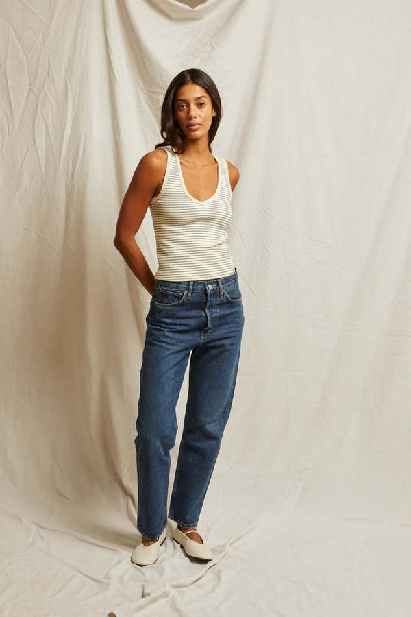 Perfect White Tee Maria Structured Rib V-Neck Tank - Navy and Natural ...