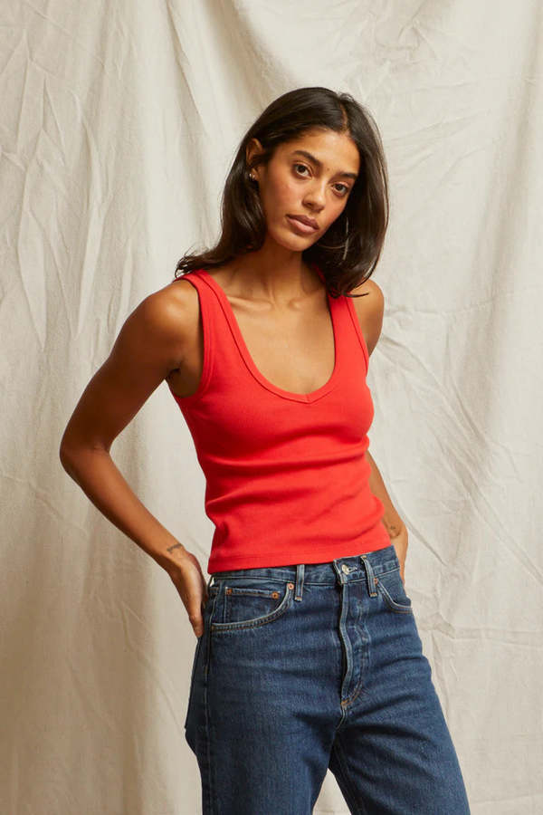 Perfect White Tee Maria Structured Rib V-Neck Tank - Poppy | Garmentory