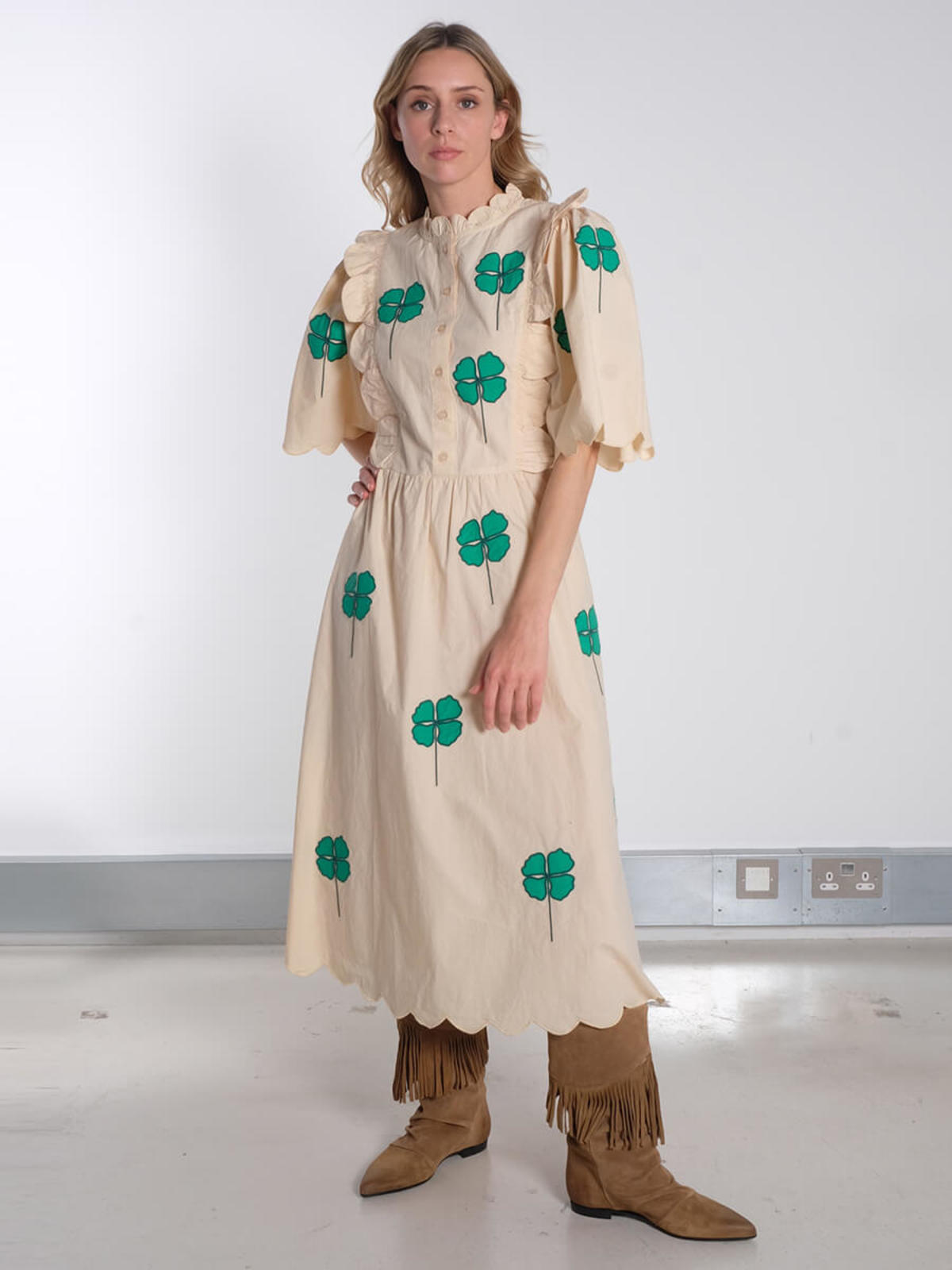 Stella Nova Embroidered Midi Dress - Green/Creme | Garmentory