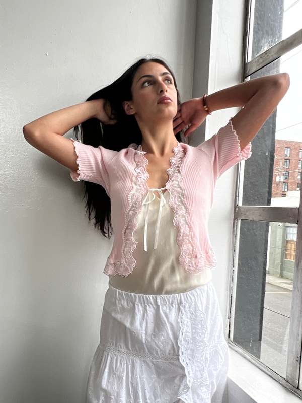 Vintage Pale Pink Rib Lace Cardigan - Pale Pink | Garmentory