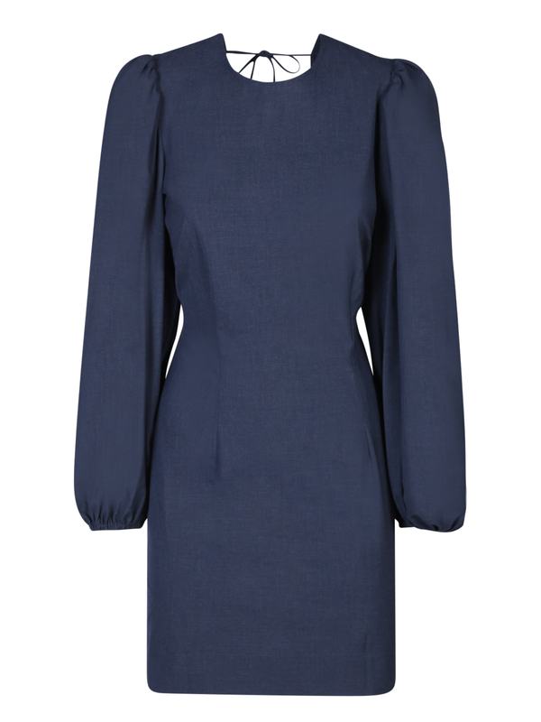 Ganni Mini Navy Blue Open-Back Dress With Balloon Sleeves - Navy Blue ...