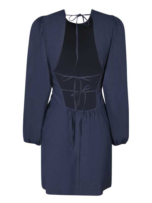 Ganni Mini Navy Blue Open-Back Dress With Balloon Sleeves - Navy Blue ...