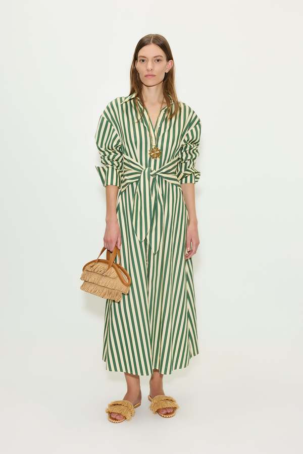 Simon Miller Loch Poplin Maxi Dress - Gummy Green/Ecru | Garmentory